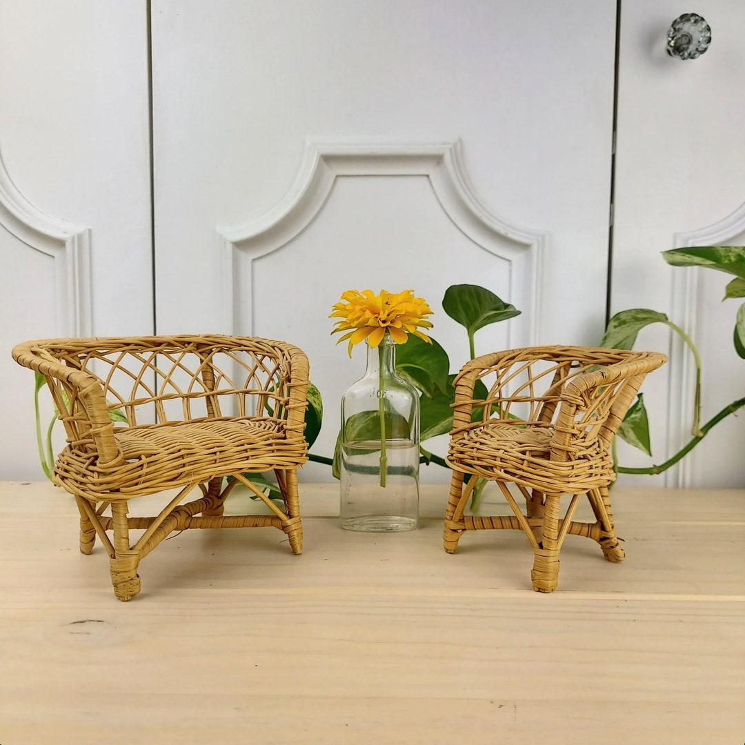 Vintage Rattan Wicker Couch and Armchair Set Boho Dollhouse - Etsy