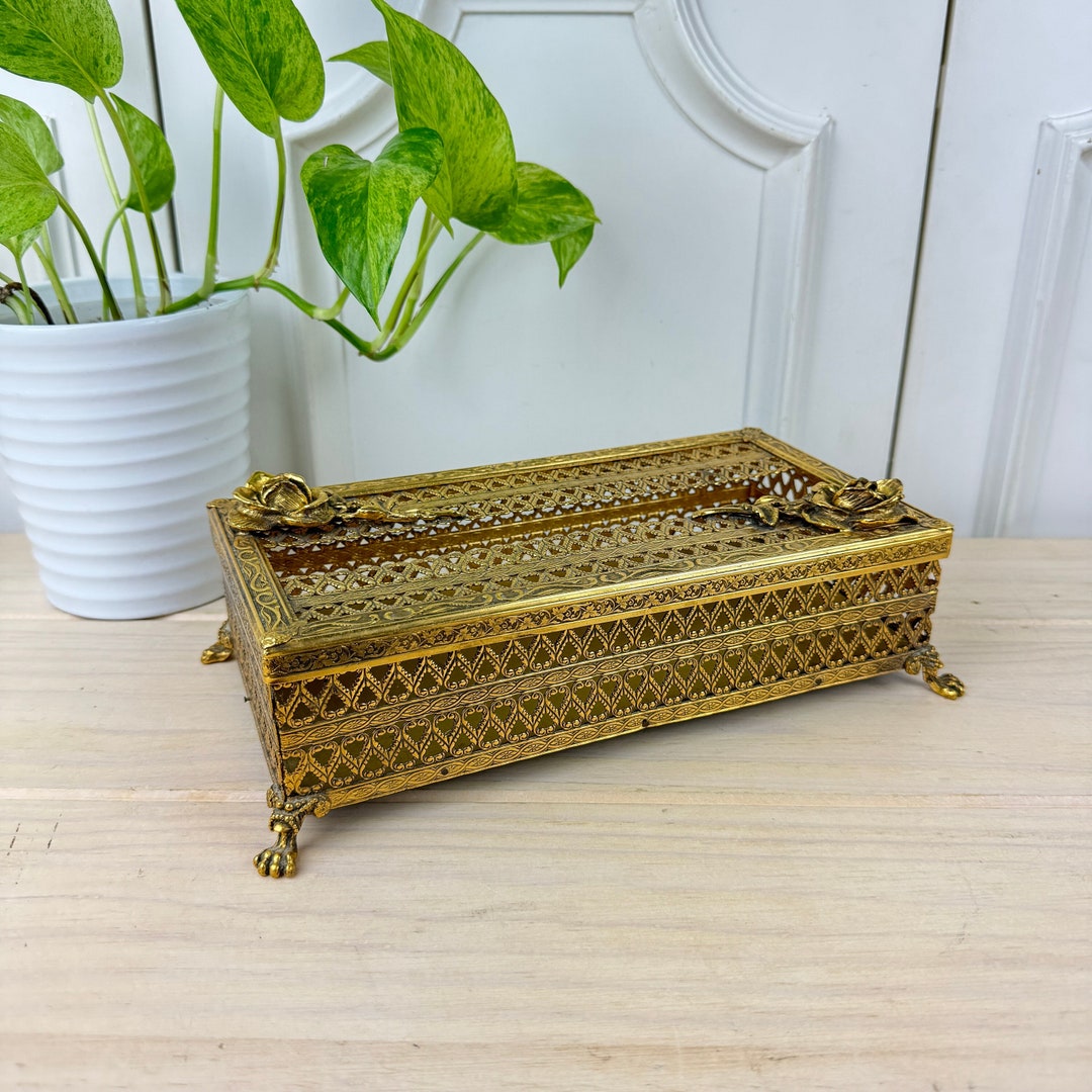 Filigree Tissue Box Cover, Rectangular Lidded Box With Ornate Raised ...