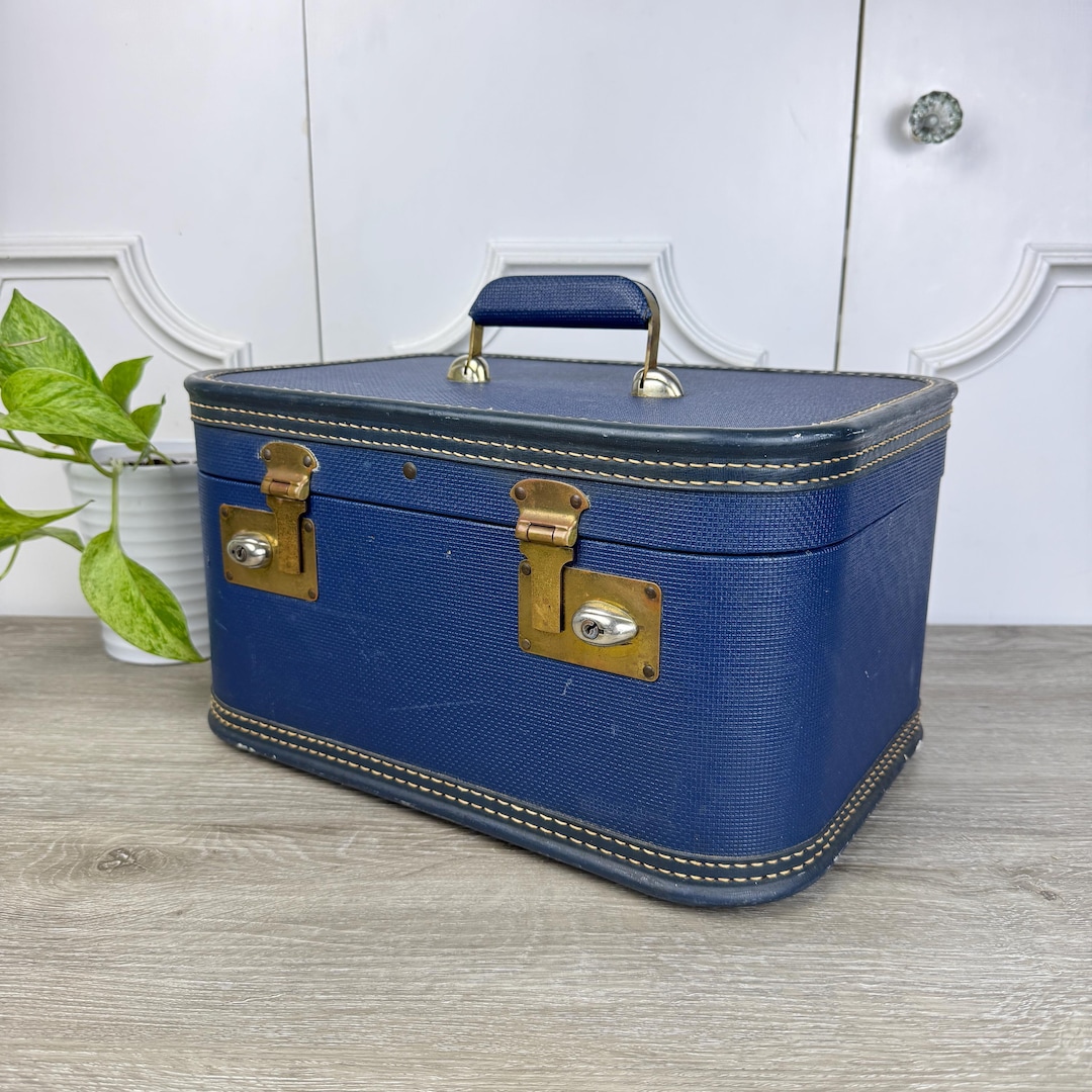 Vintage Blue Train Case With Gold Accents and External Stitching ...