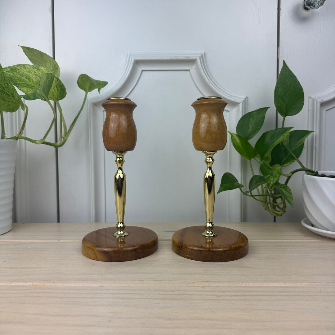 Set Of 2 Myrtlewood And Brass Candlestick Holders Myrtlewood Etsy