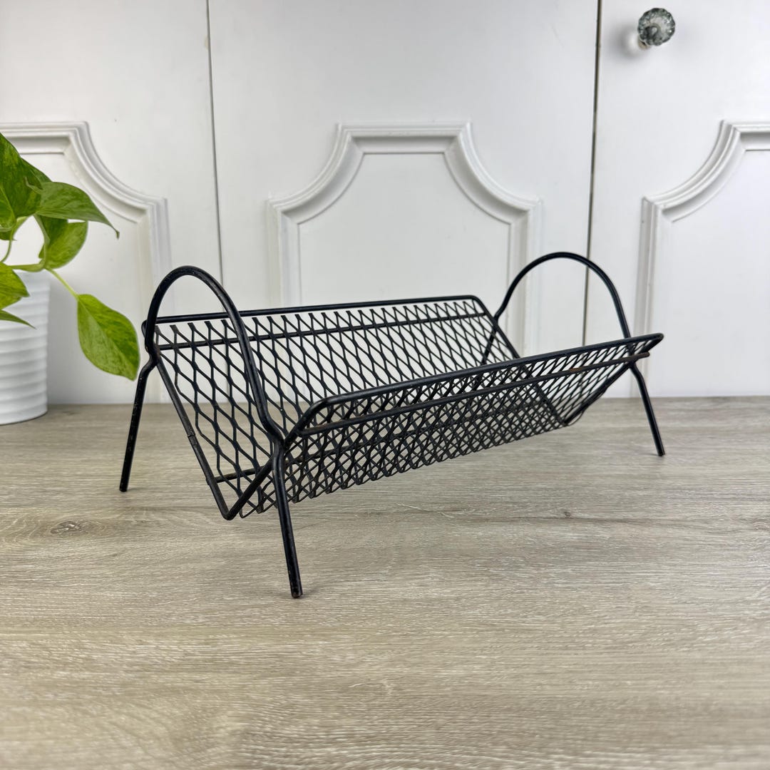 Mid Century Atomic Book, CD, DVD Storage Rack, Black Metal Mesh Desk ...