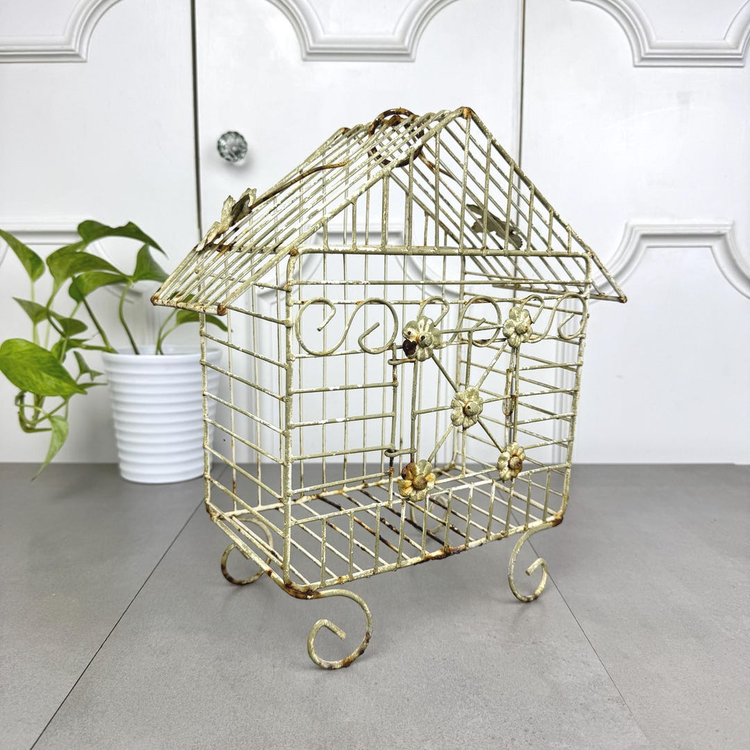 Naturally Distressed Metal Decorative Bird Cage With Flowers and Leaves ...