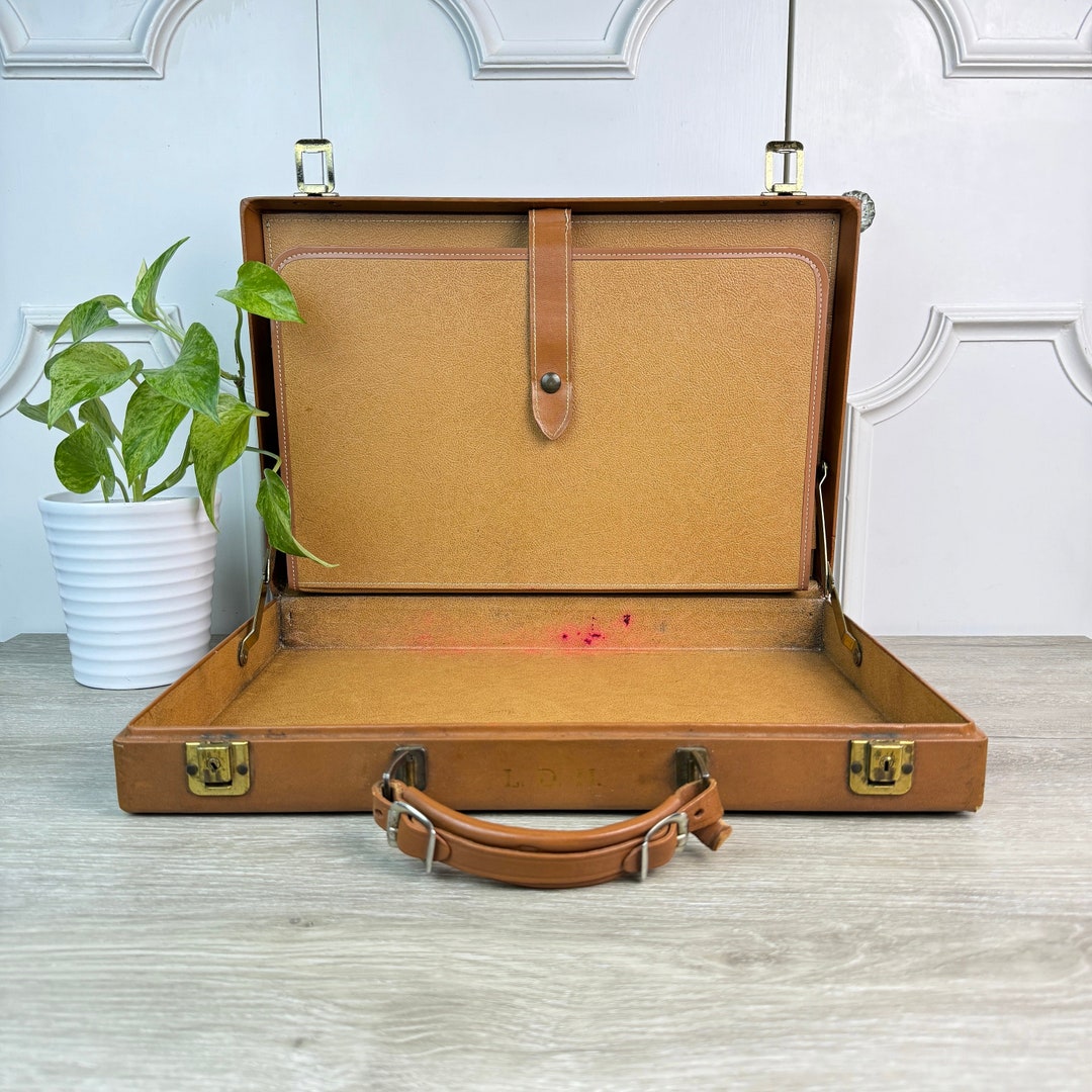Vintage Light Brown Briefcase With External Stitching and Unique Handle ...