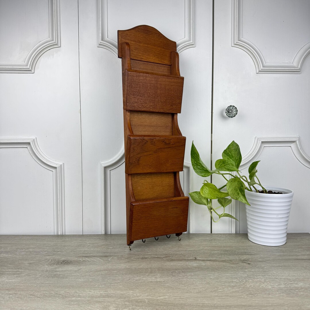 Vintage Genuine Teak Hanging Wall Pockets for Mail With Key Hooks, Made ...