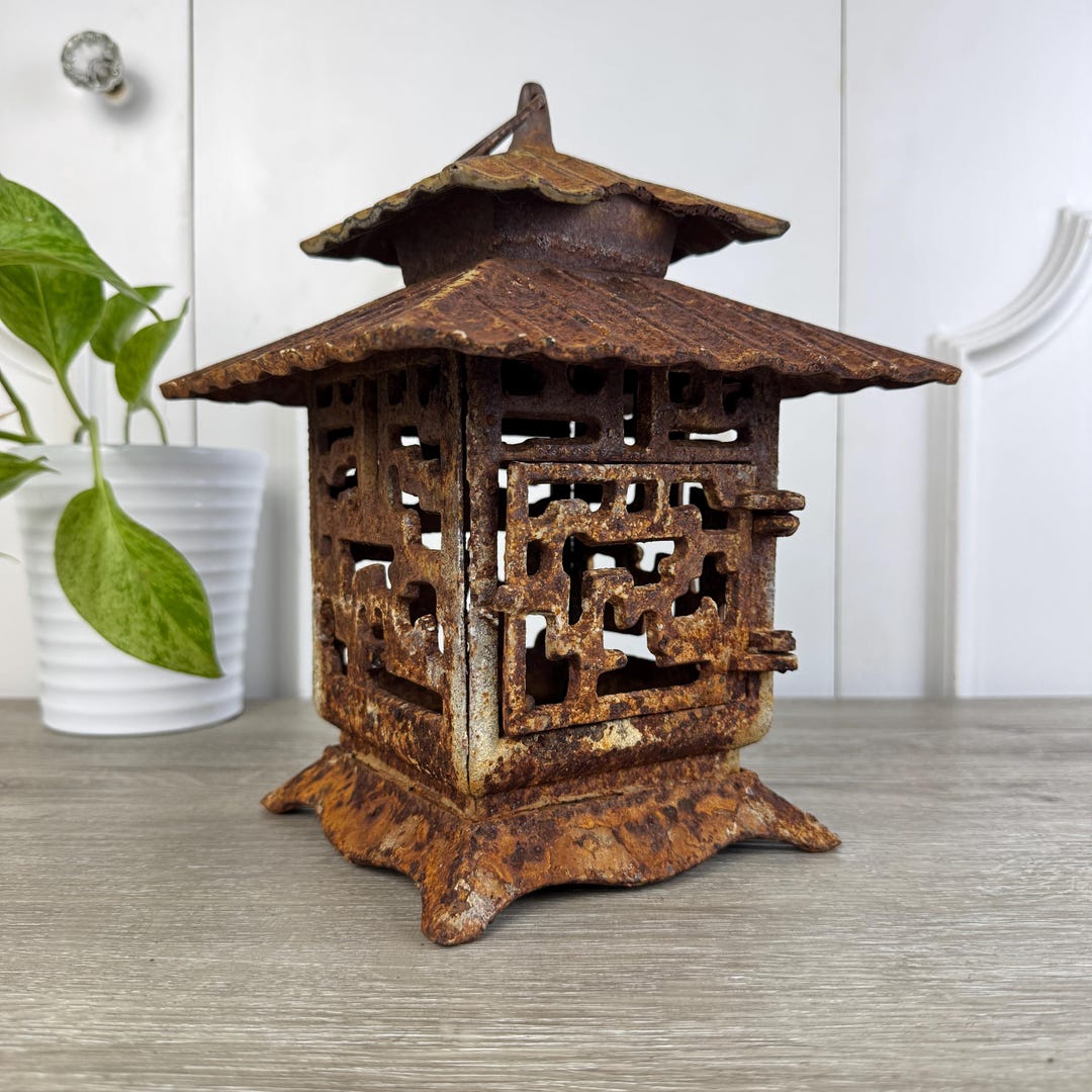 Japanese Cast Iron Pagoda Lantern With Rustic Aged Patina, Candle ...
