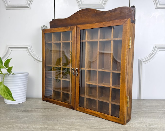 Vintage Wooden Display Cabinet With Glass Doors and 34 Cubbies ...