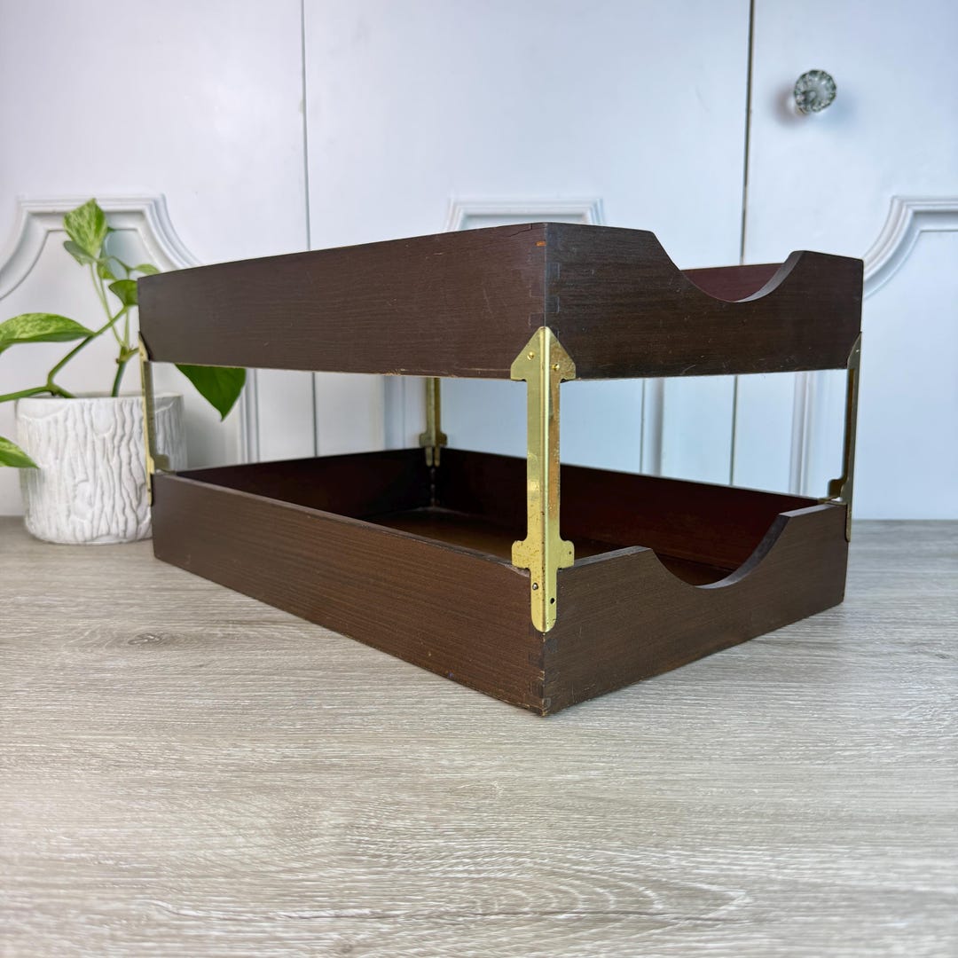 Vintage Stacked Legal Sized Filing Trays, Wood & Metal Desktop ...