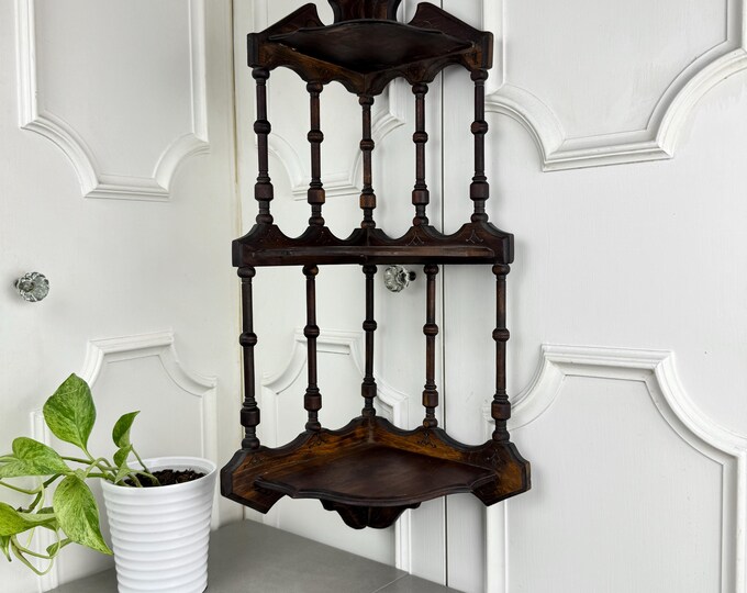 Antique Wooden Corner Wall Display Shelf With Spindles, Etched Design ...