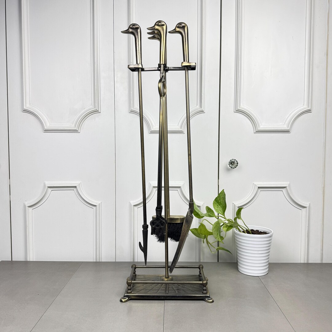 Vintage Brass Fireplace Tool Set With Ducks, Mallard Duck Head Accents ...