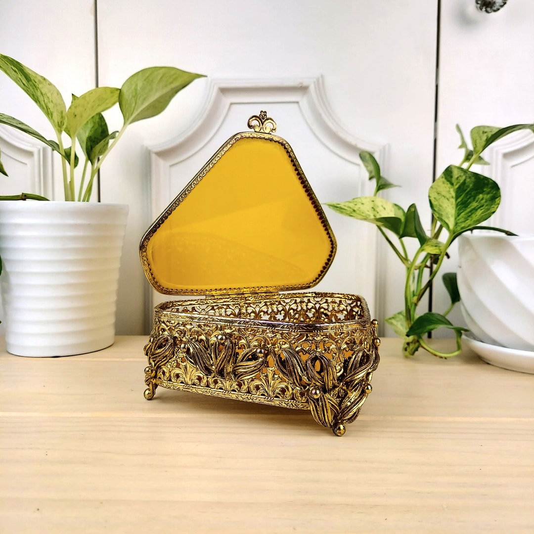 Gold Ormolu Jewelry Casket With Beveled Amber Glass, Unique Triangle ...
