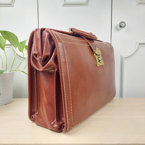 Vintage Genuine Split Cowhide Leather Briefcase With Expandable Brass Moon Closure, Brown ...
