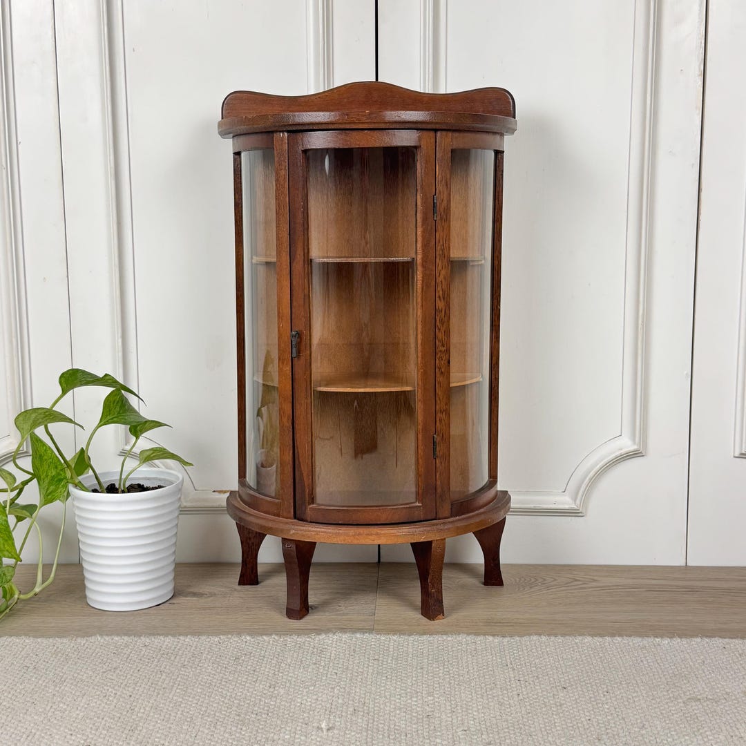 22-3/4" Wooden Salesman Sample Display Cabinet With Curved Glass on 3 ...