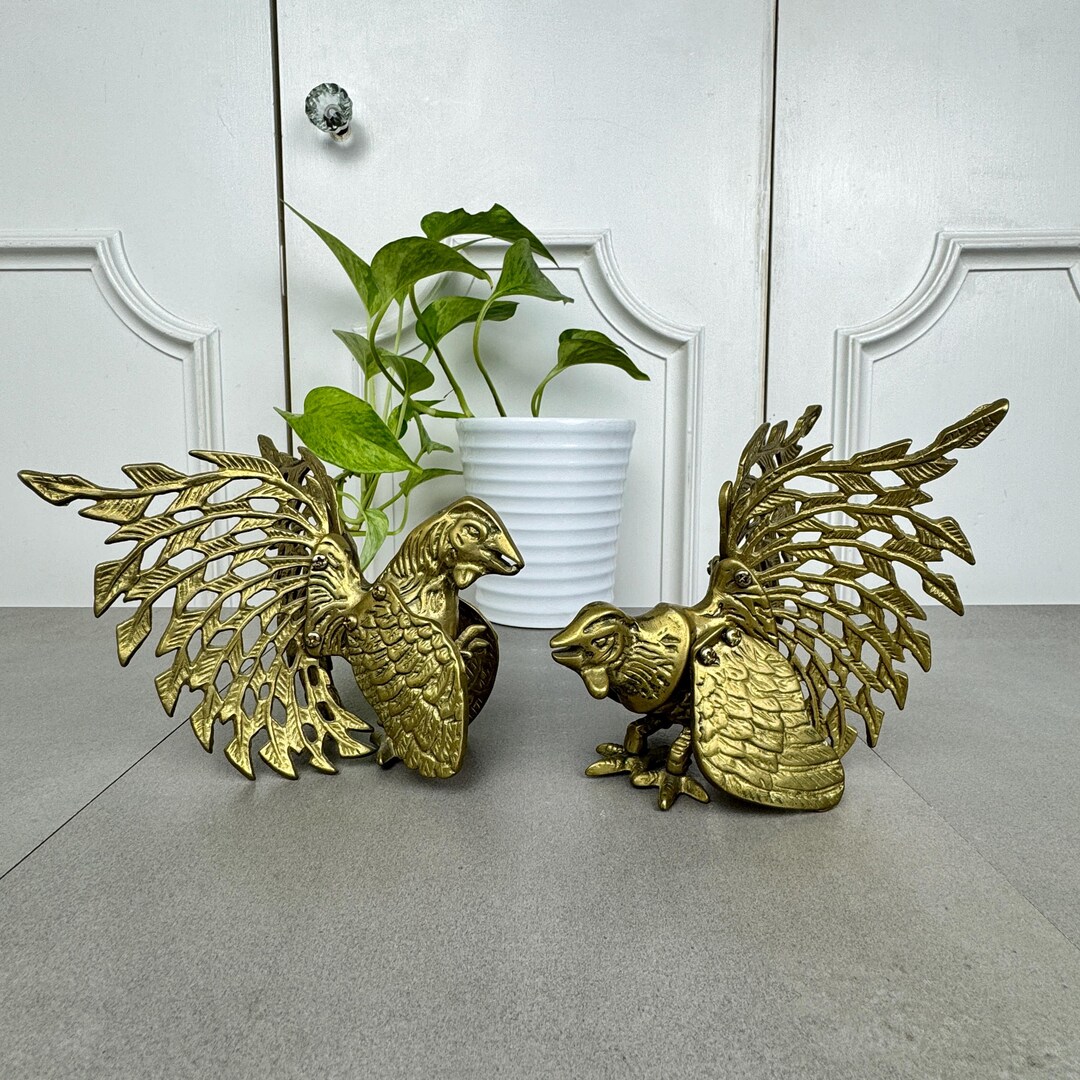 Set of 2 Vintage Brass Fighting Roosters, Brass Figurines or Bookends ...