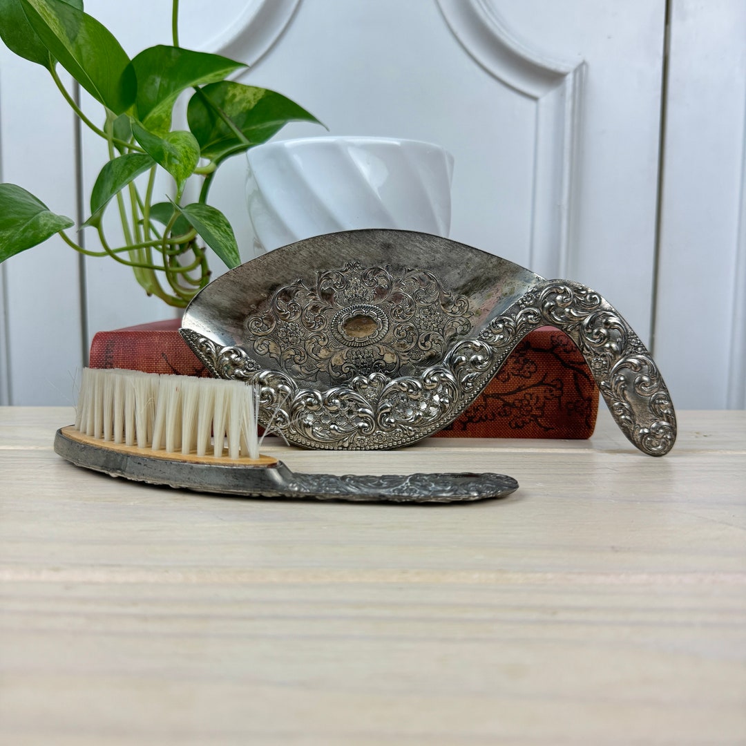 Ornate Silver-plated Crumb Tray and Sweep, Butler Brush and Crumber Set ...