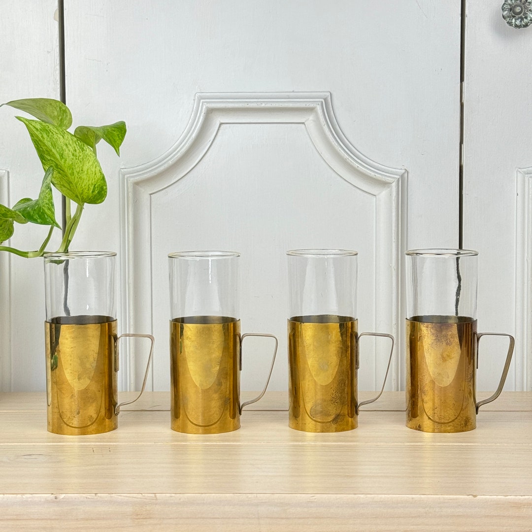 Set of 4 Brass and Glass Hot Toddy Glasses, Vintage Barware, Tumblers ...