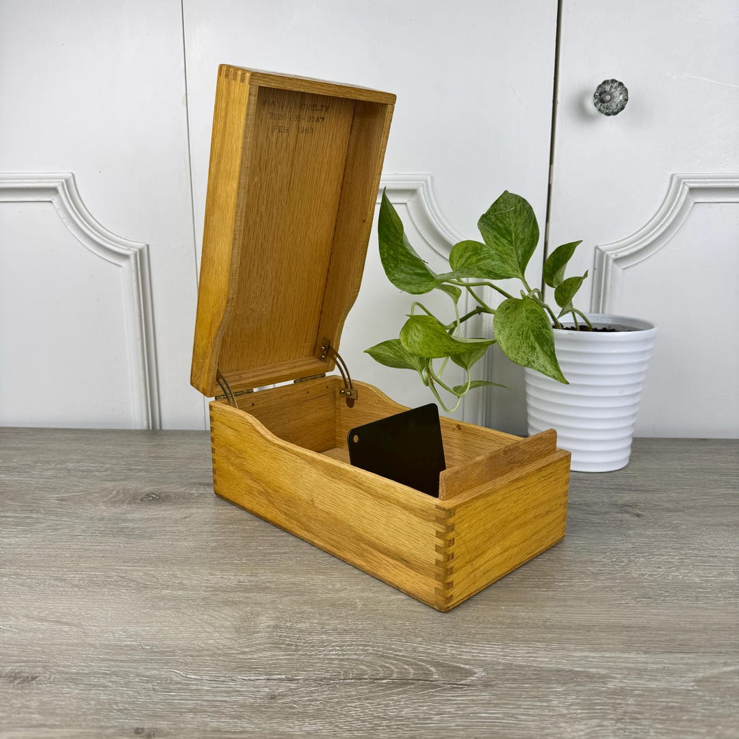 1963 Wooden File Box With Box Joint Corners and Sliding Metal Divider ...