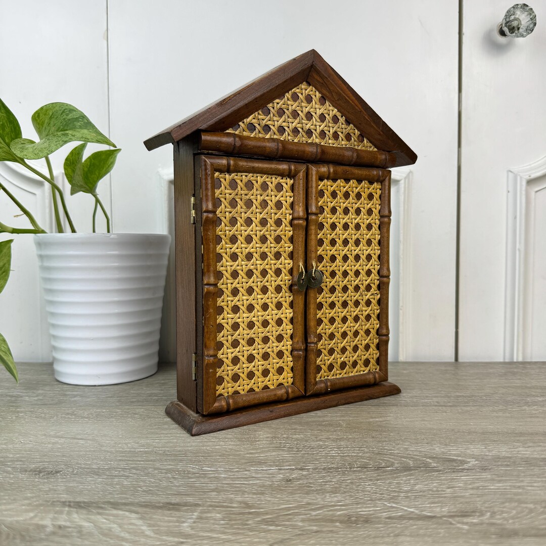 Vintage Key Cabinet With Cane and Faux Bamboo Accents, House Shaped ...