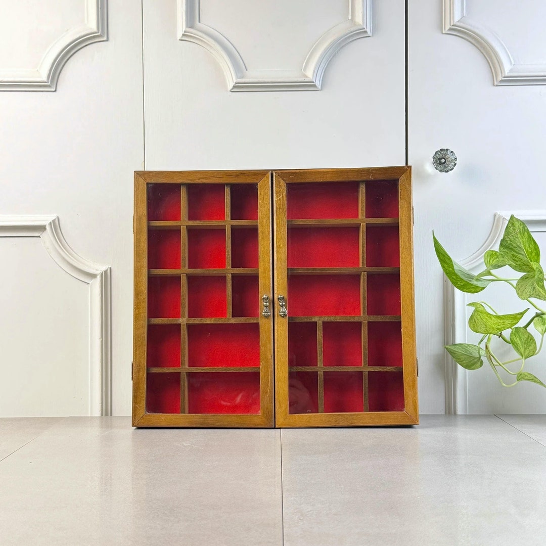 Vintage Wooden Display Cabinet With Glass Doors and 25 Cubbies ...