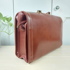 Vintage Genuine Split Cowhide Leather Briefcase With Expandable Brass Moon Closure, Brown ...