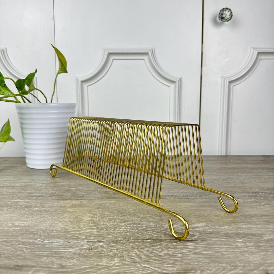Vintage 40 Slot Vinyl Record Rack for 45's, Gold Metal Tabletop Rack ...