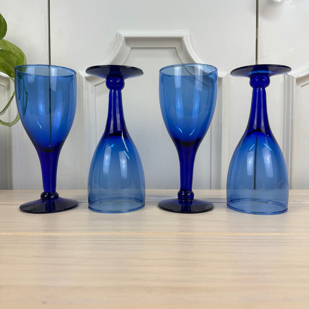 Set of 4 Cobalt Blue Wine Glasses, Hand-blown Cobalt Stemware, Vintage ...