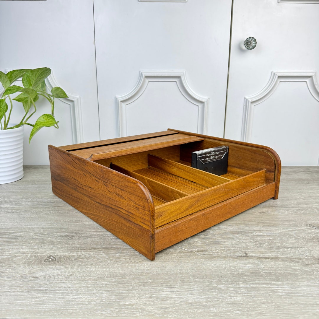 Vintage Teak Tambour Roll Top Organizer for Cassettes, Removable ...