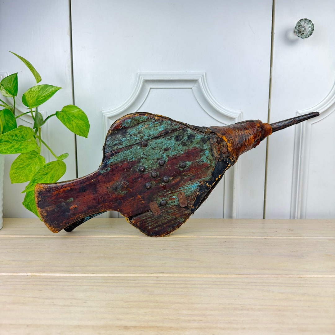 Antique Wood and Leather Bellows, Primitive Ornamental Fireside ...