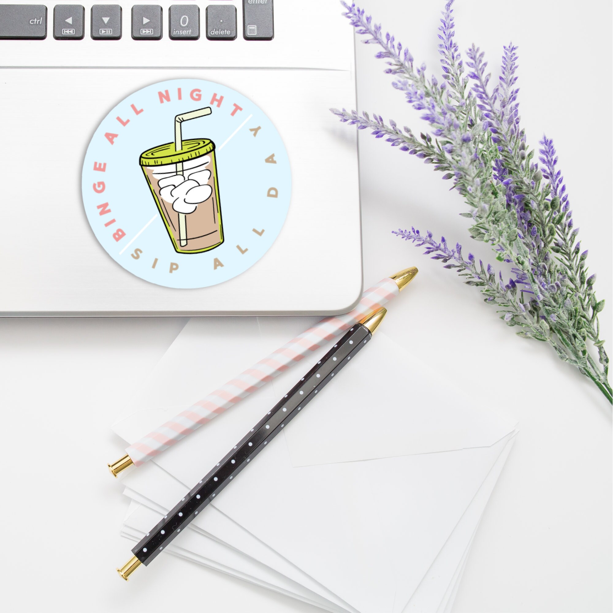 Binge All Night, Sip All Day - Iced Coffee 3" Sticker | TV Lover ...
