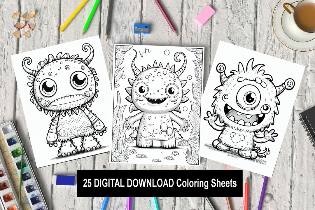 DIGITAL 25 Fun Monster Sheets Kid's Coloring Sheets - Instant PDF ...