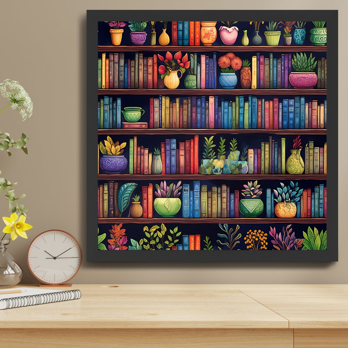 Colorful Book Shelf Library Poster, Print, Wall Art, Wall Hanging ...