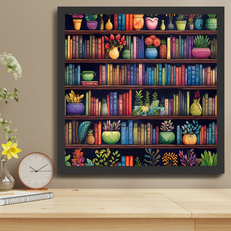 Colorful Book Shelf Library Poster, Print, Wall Art, Wall Hanging ...