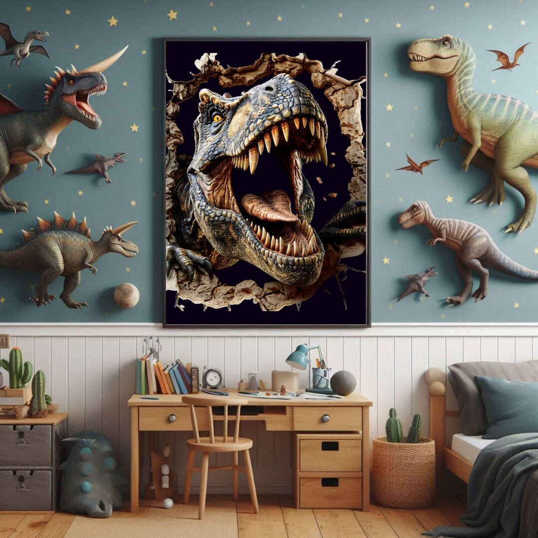 T-rex, Dinosaur Smashing Through the Wall - Kid's Posters, Choose Size ...