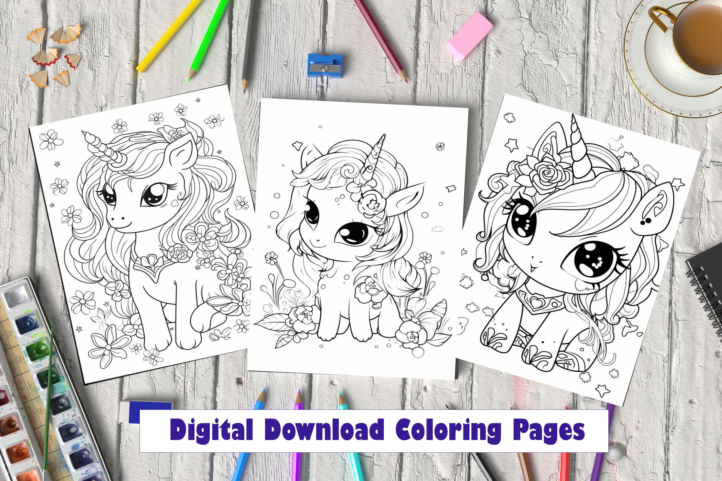 DIGITAL 25 Cute Unicorns Sheets Kid's Coloring Sheets - Instant PDF ...