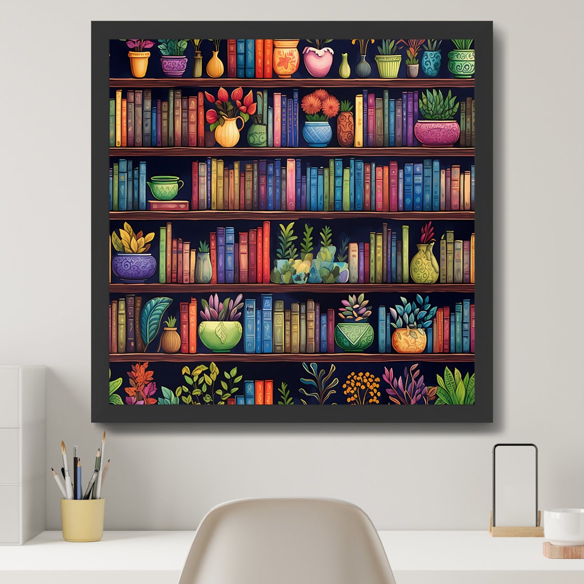 Colorful Book Shelf Library Poster, Print, Wall Art, Wall Hanging ...