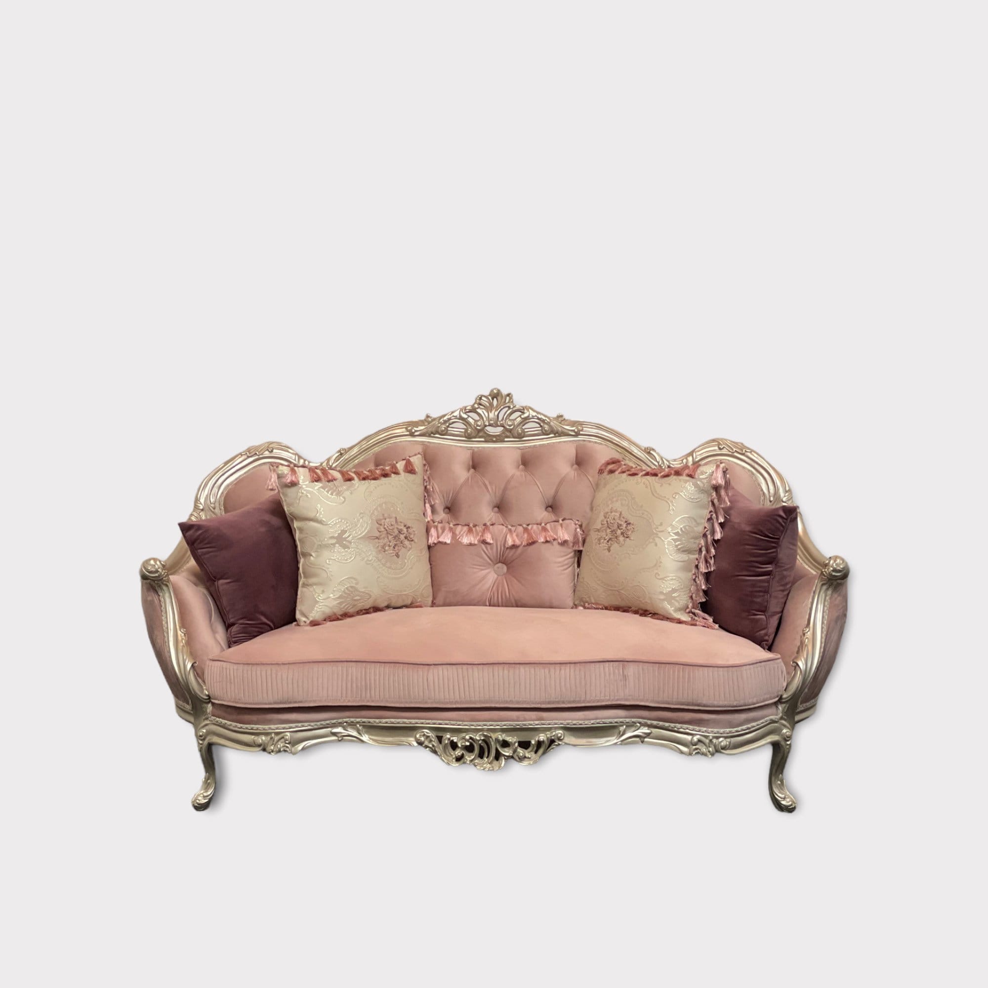 Pink tufted loveseat store
