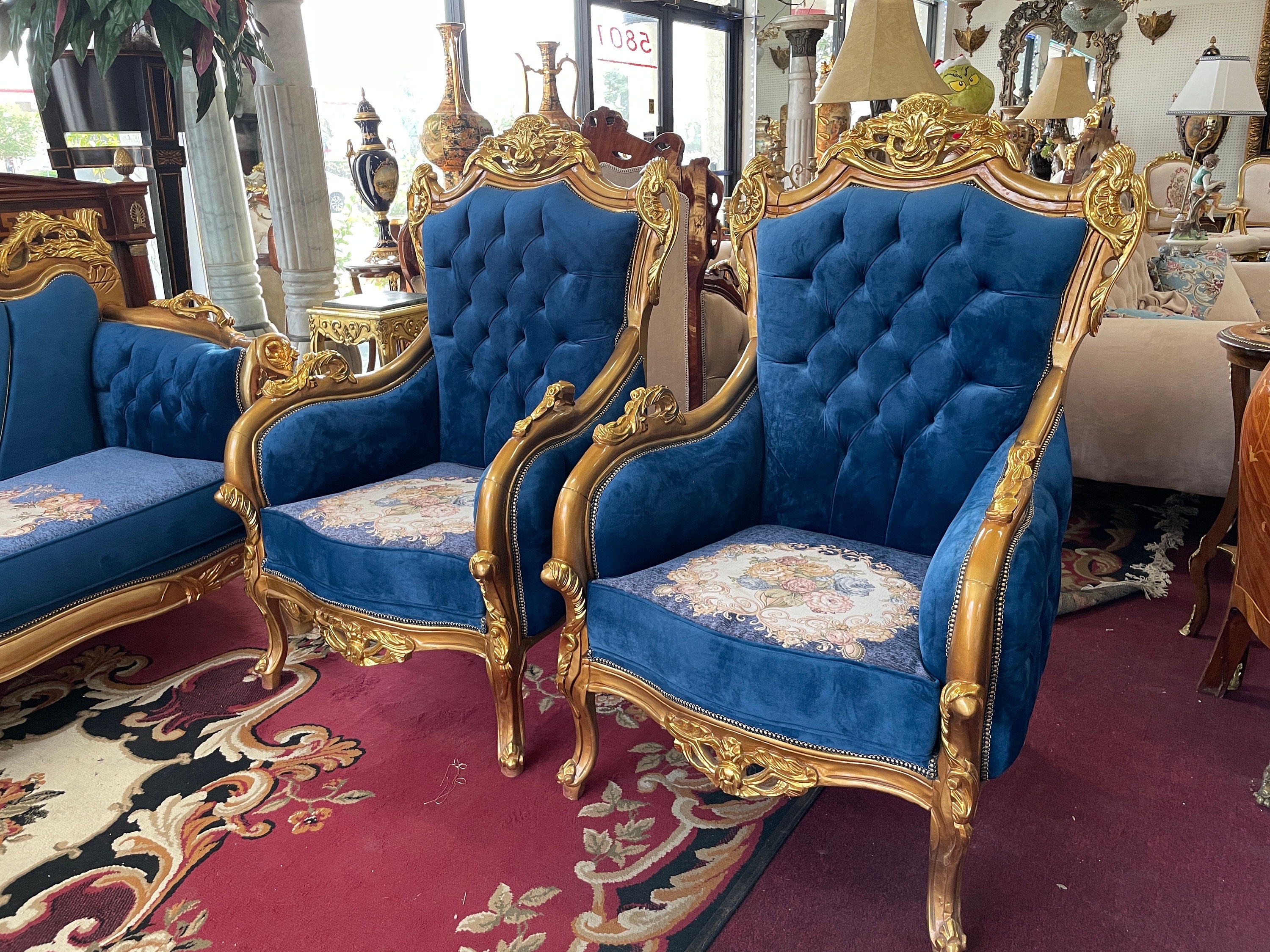 Elegant Blue Living Room Set / Handcrafted Frame Detailed 24K Gold Leaf ...
