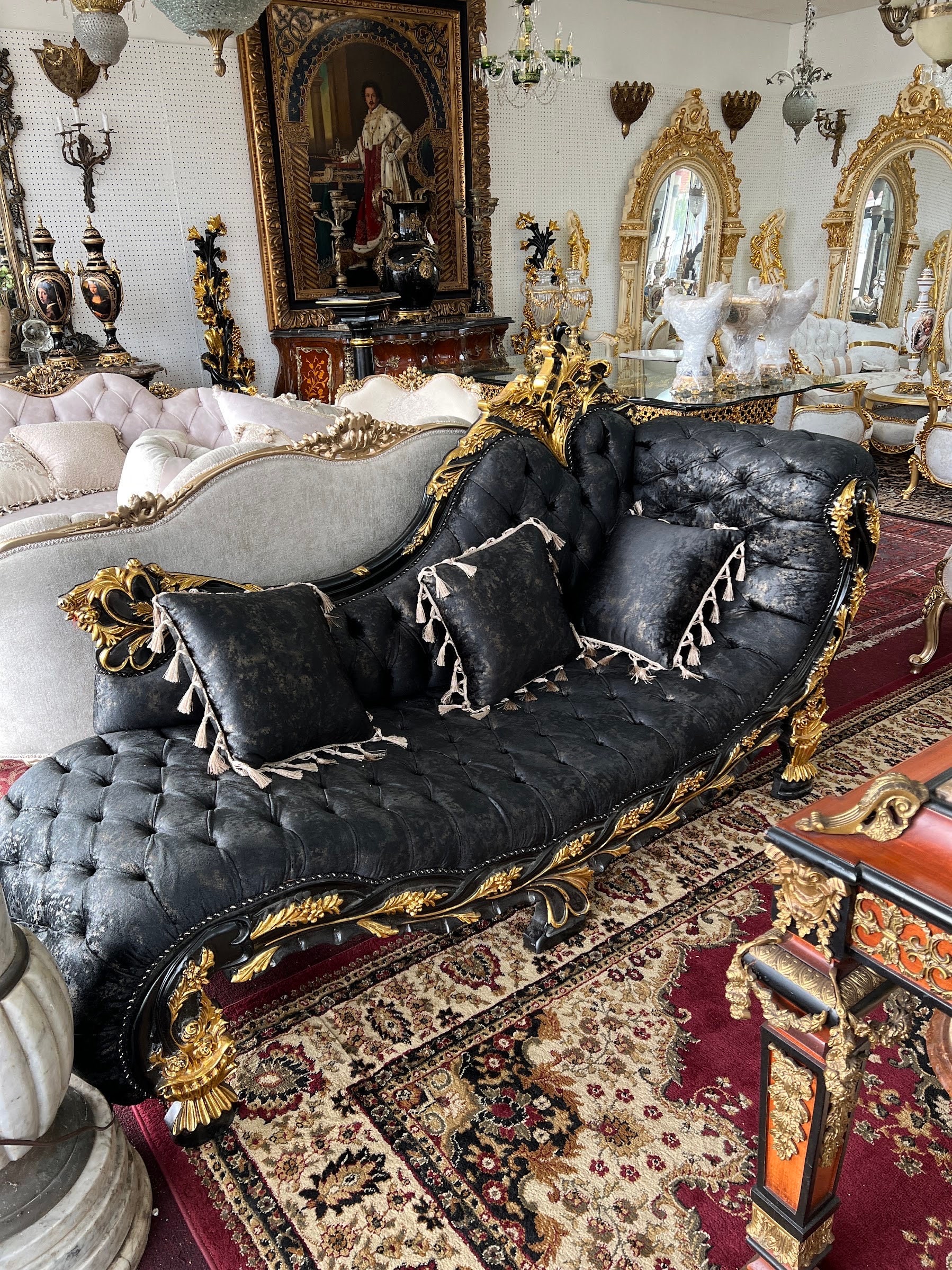 French Style XV Louis Chaise Lounge Black_gold - Etsy