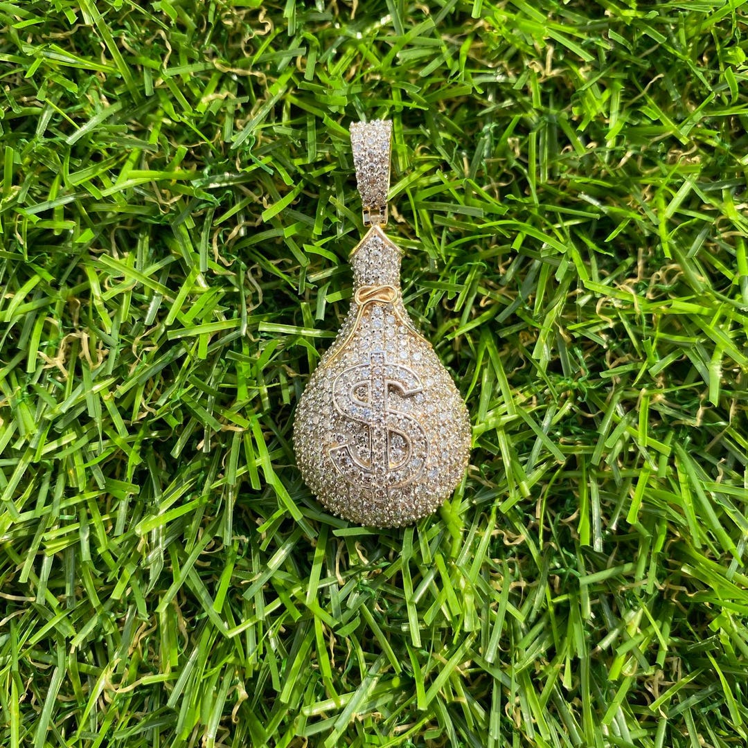 Natural Diamond 10K Solid Gold Money Bag Pendant, 1.60 Inch Gold Iced ...