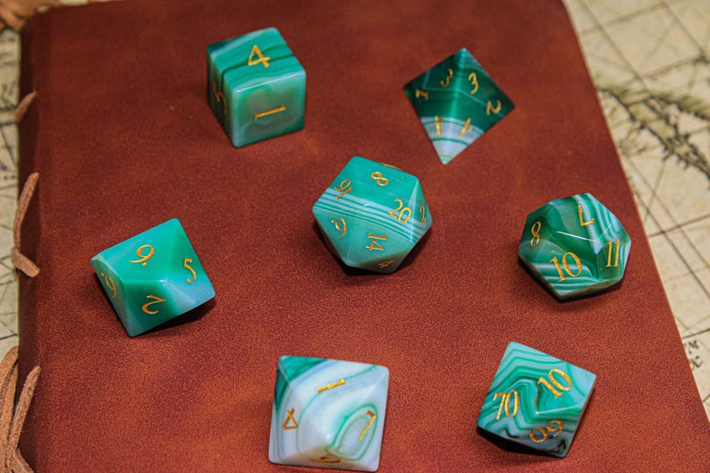 Green Agate Stone Dice Set: Gold Numbering, Dnd TTRPG - Etsy