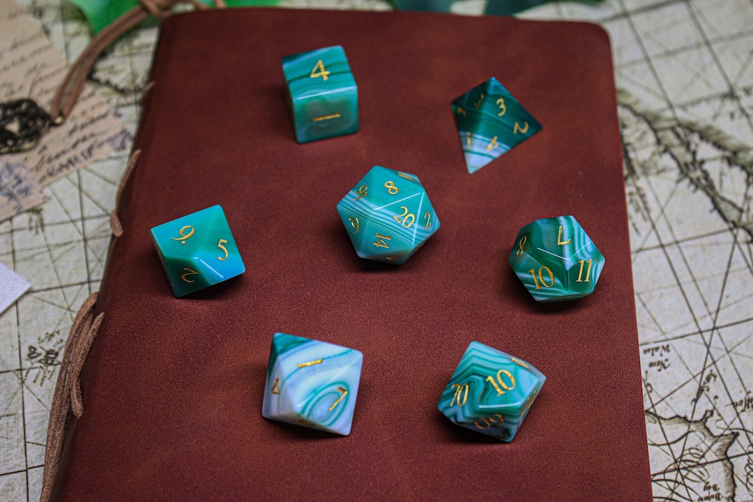 Green Agate Stone Dice Set: Gold Numbering, Dnd TTRPG - Etsy