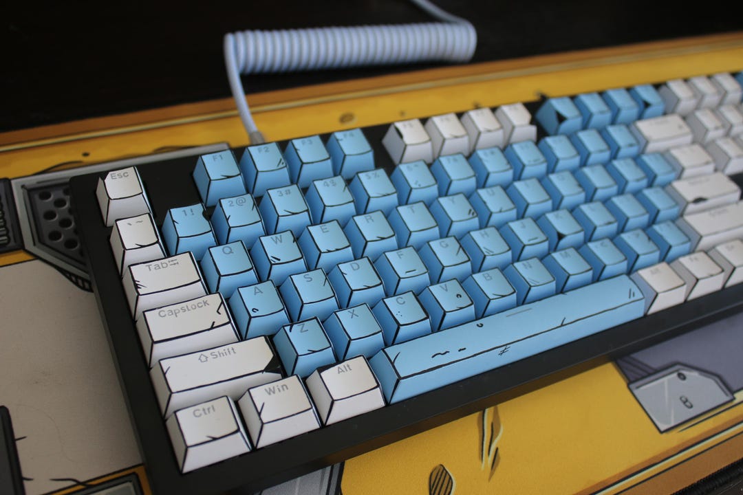 Hand Painted | White and Blue Keycaps Comic Style Set for Mechanical ...