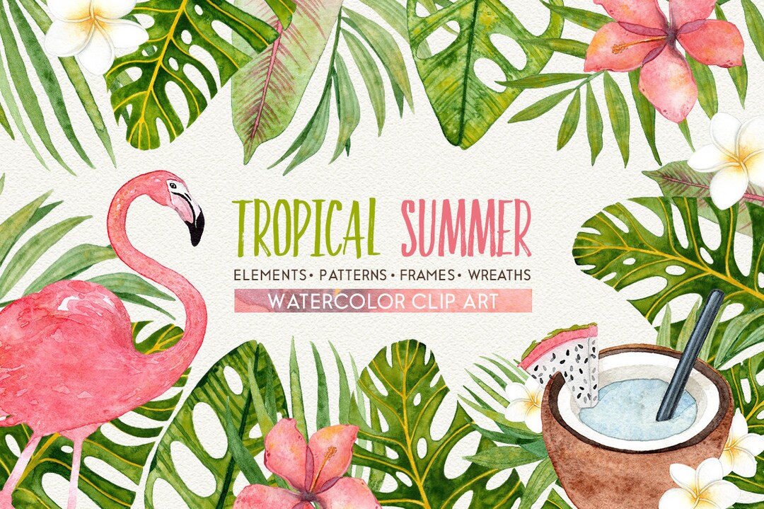 Set 42 Watercolor Tropical Flamingo, Exotic Flowers and Leaves, Summer ...