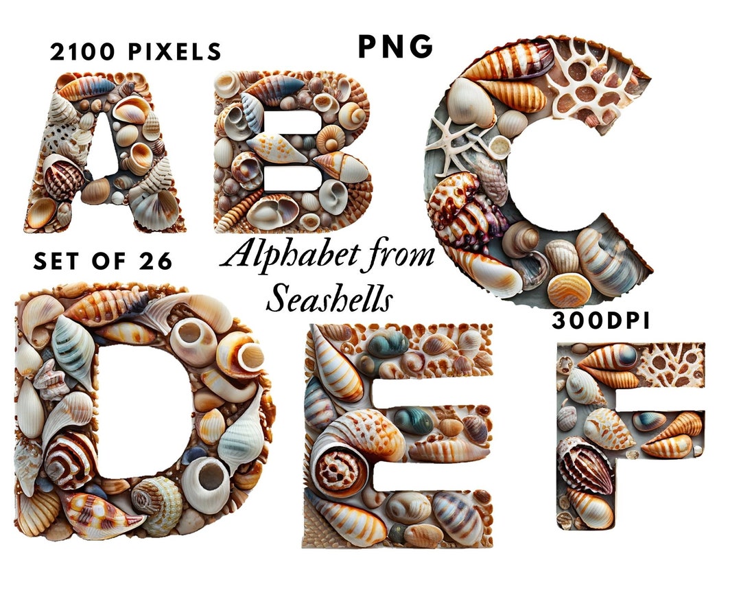Digital Alphabet, Alphabet From Seashells, Printable Resizable Instant ...