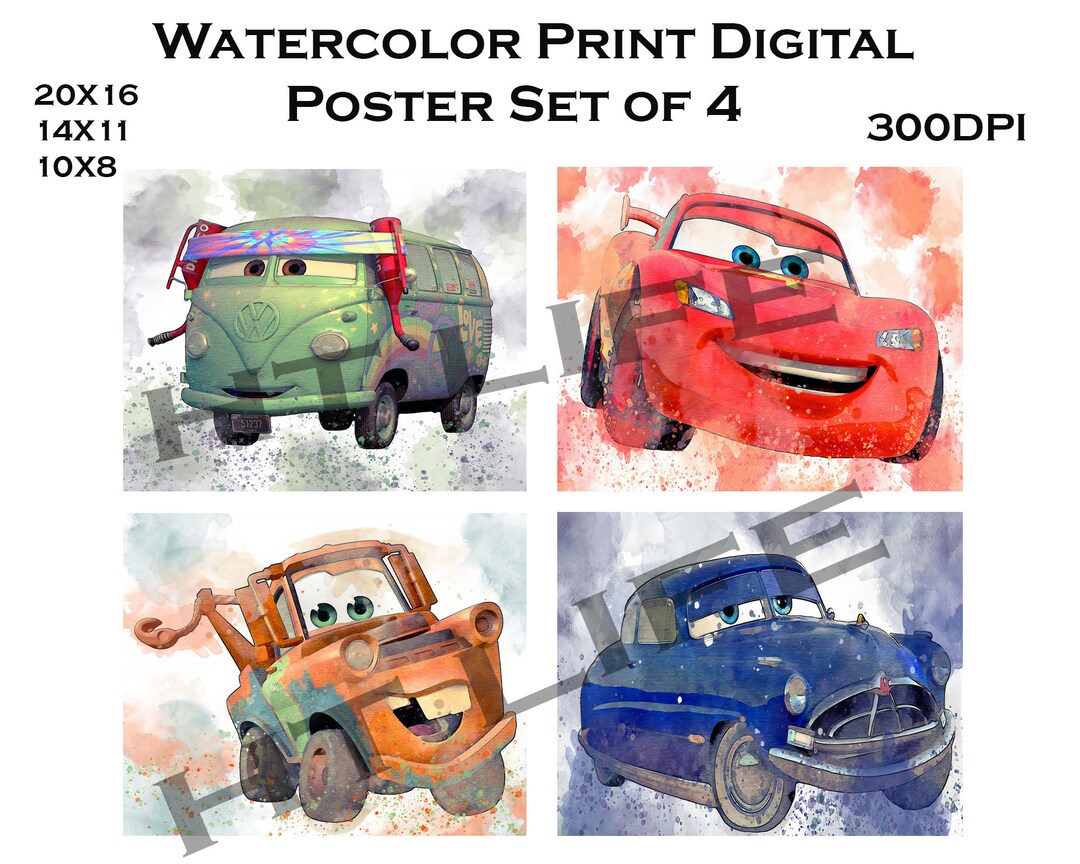 Set 4 Disney Cars PRINTABLE ART Disney Cars Poster Watercolor Art Boys ...