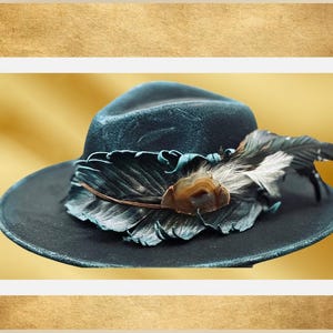 Hand-burned Wide Brim Vegan Suede Hat - Black and Turquoise With ...