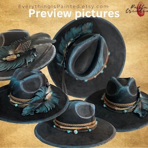 Hand-burned Wide Brim Vegan Suede Hat - Black and Turquoise With ...