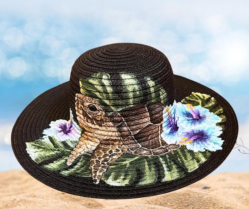 Hand-painted Sea Turtle Hibiscus Straw Hat: Wide Brim Summer Sun Hat - Etsy