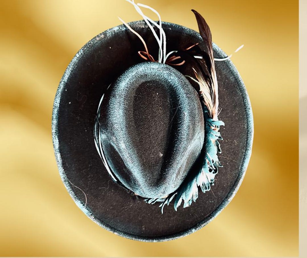 Hand-burned Wide Brim Vegan Suede Hat - Black and Turquoise With ...