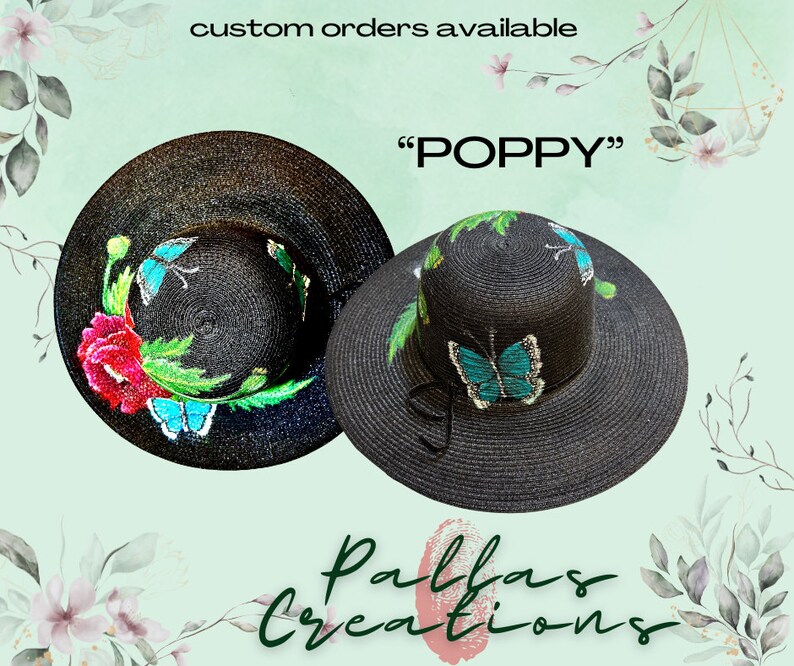 Butterflies and Poppies Hand Painted Black Straw Hat. Festival Spring ...