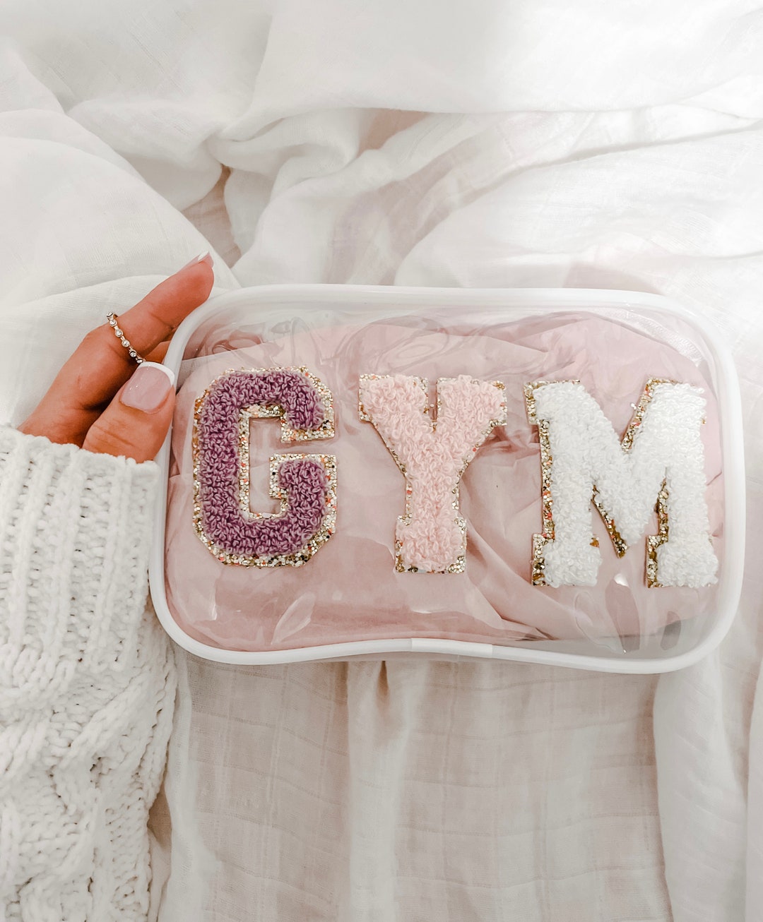Clear White Colorful Letter Patch Gym Pouch Travel Makeup Accessory Bag ...